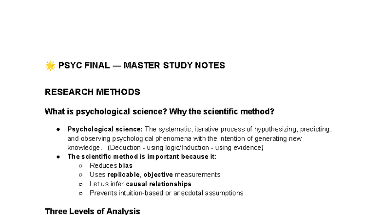 PSYC 1 Final Exam - Comprehensive Study Notes on Research Methods - Studocu