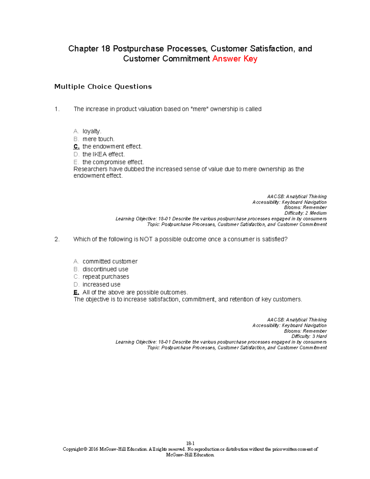 TBChap 018 - Postpurchase Processes & Customer Satisfaction Quiz Answer ...
