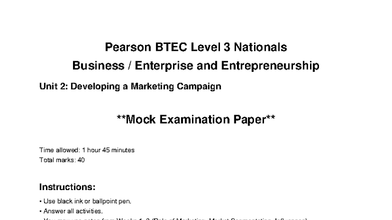 BTEC Level 3 Business Unit 2: Marketing Campaign Mock Exam Paper - Studocu
