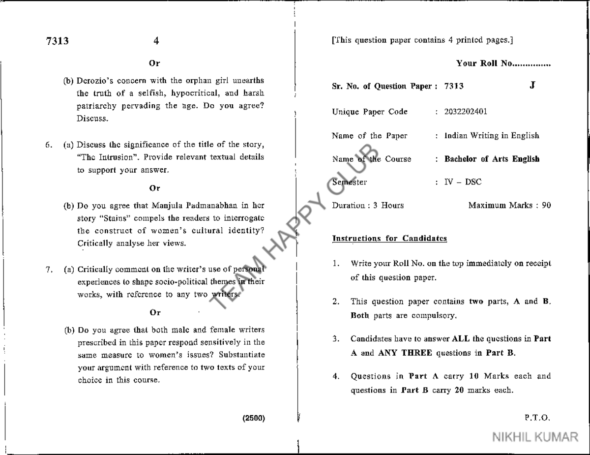DSC 11 - Indian Writing in English: Question Paper Analysis - Studocu