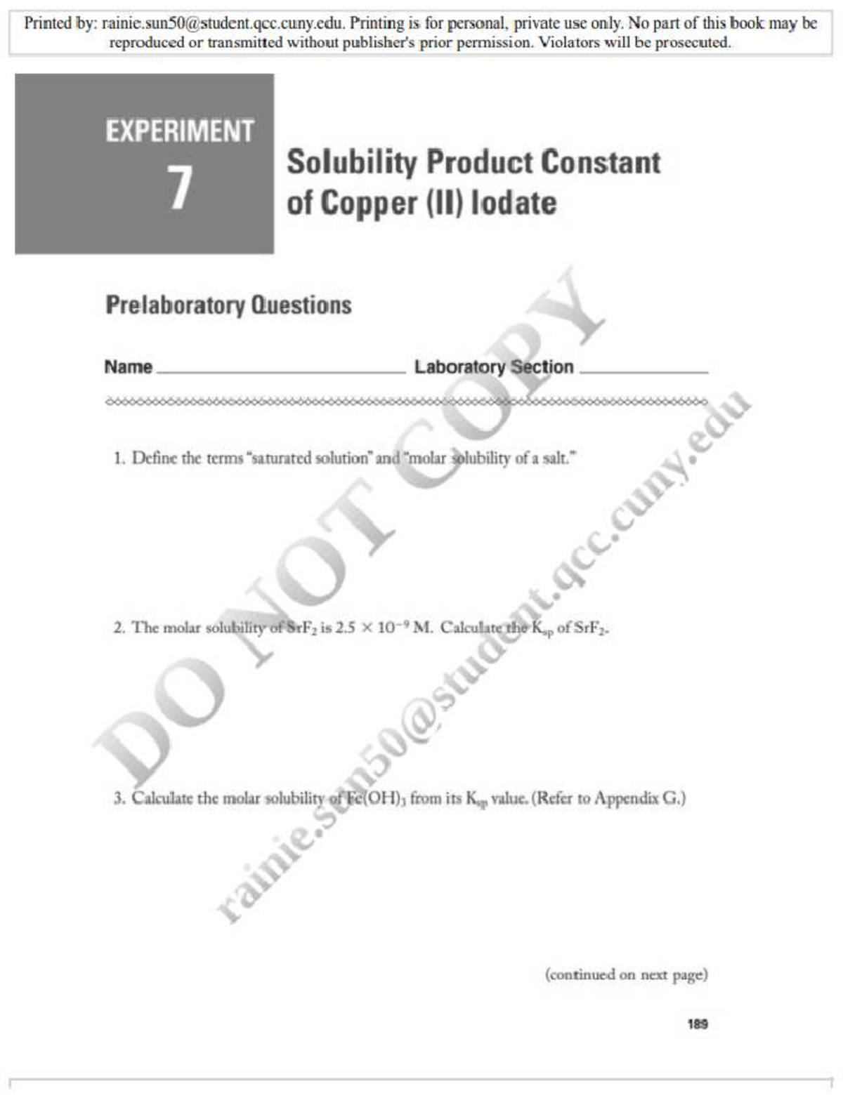Lab 7: Solubility Product Constant of Cu(II) Iodate Experiment - Studocu