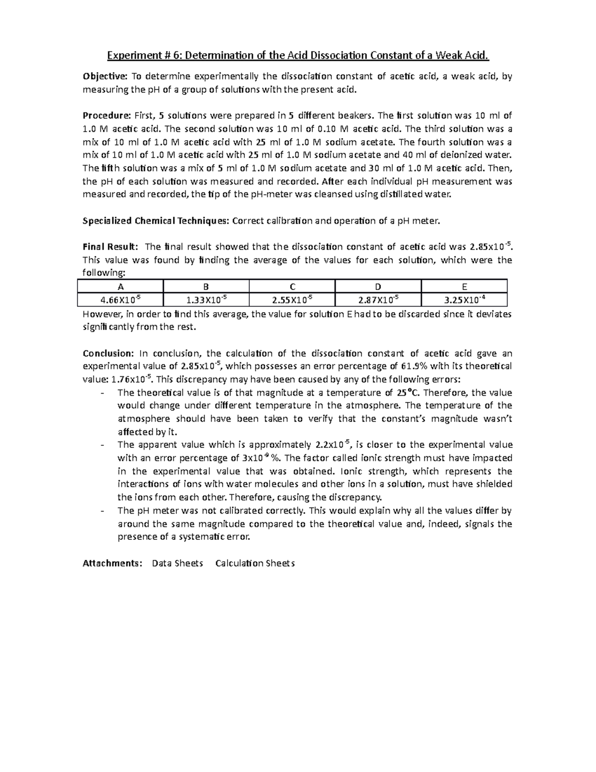 Lab 06 - Acid Dissociation Constant of Acetic Acid: Experimental Findings - Studocu