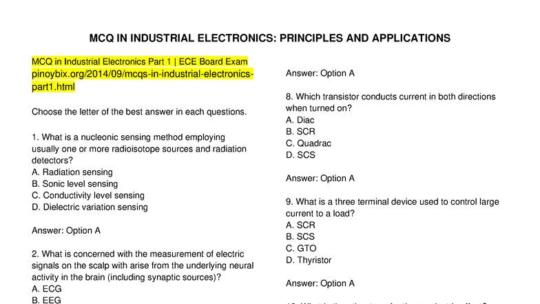 MCQ in Industrial Electronics Part 1-7 ECE Board Exam Review - Studocu