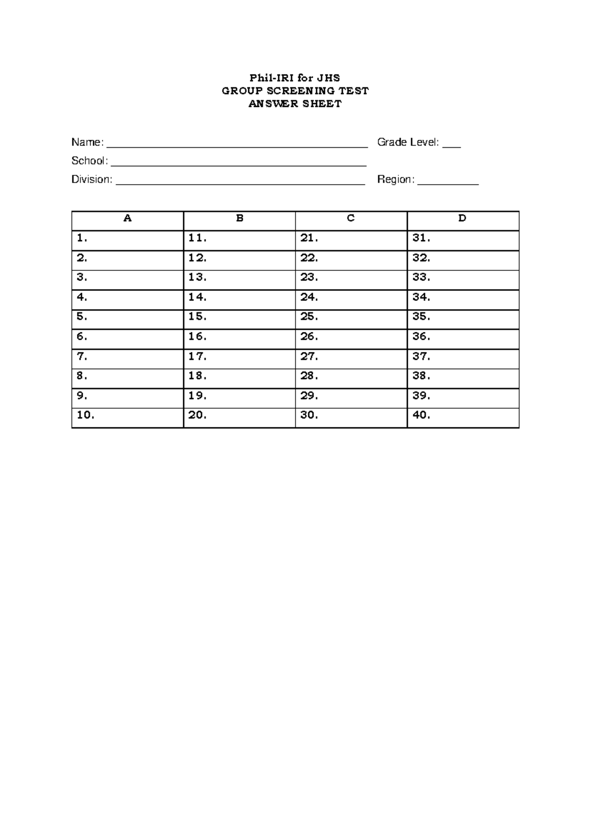 Phil-IRI for JHS GST Answer Sheet - The Teaching Profession - Phil-IRI ...
