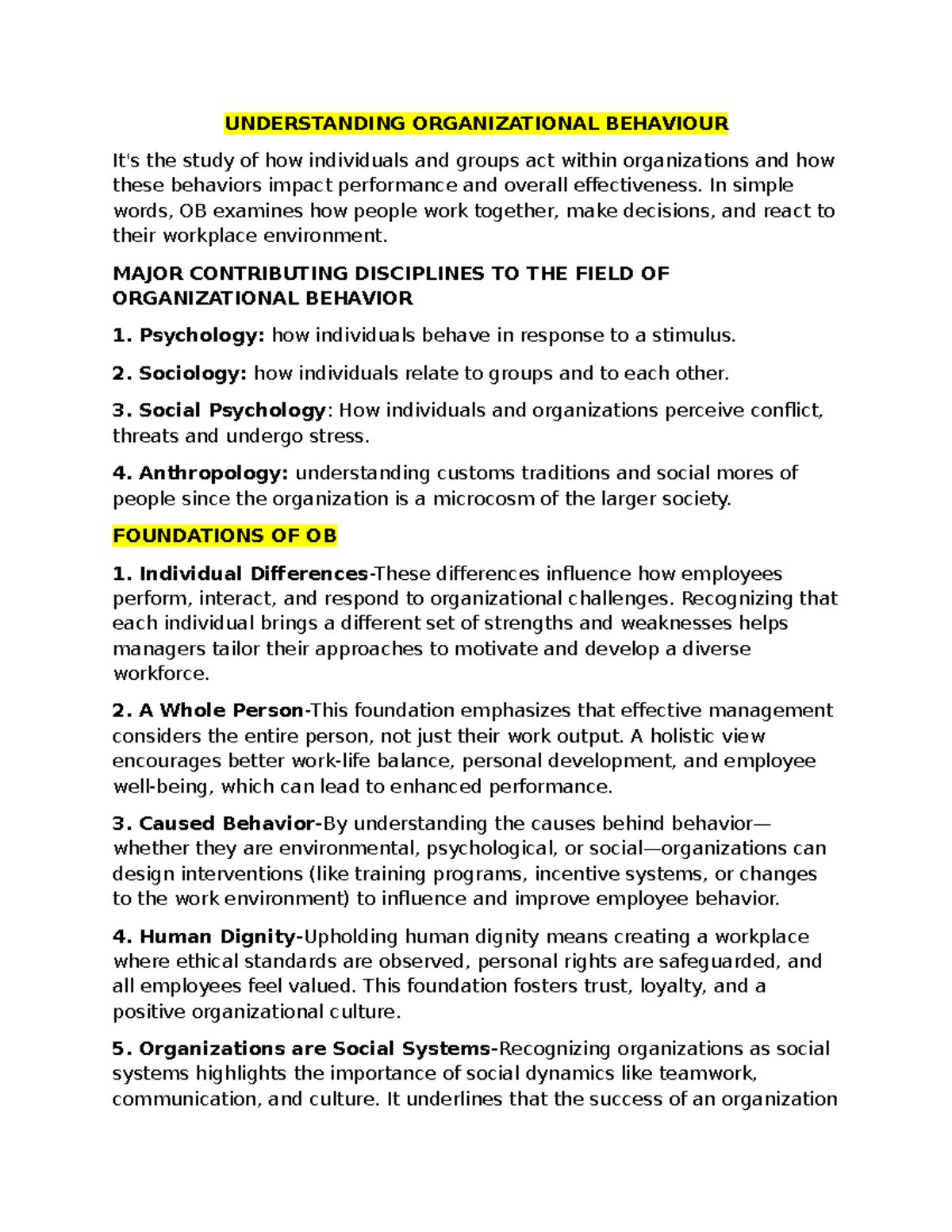 Understanding Organizational Behavior: Key Concepts and Insights - Studocu