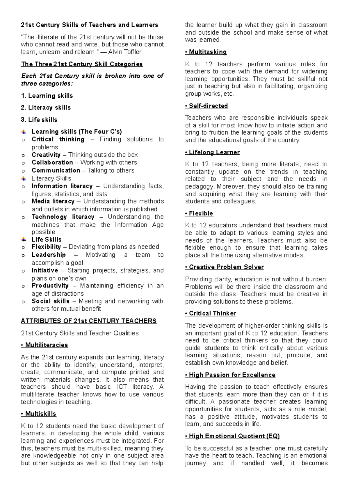 21st Century Skills for Teachers and Learners: Lesson Notes Review ...