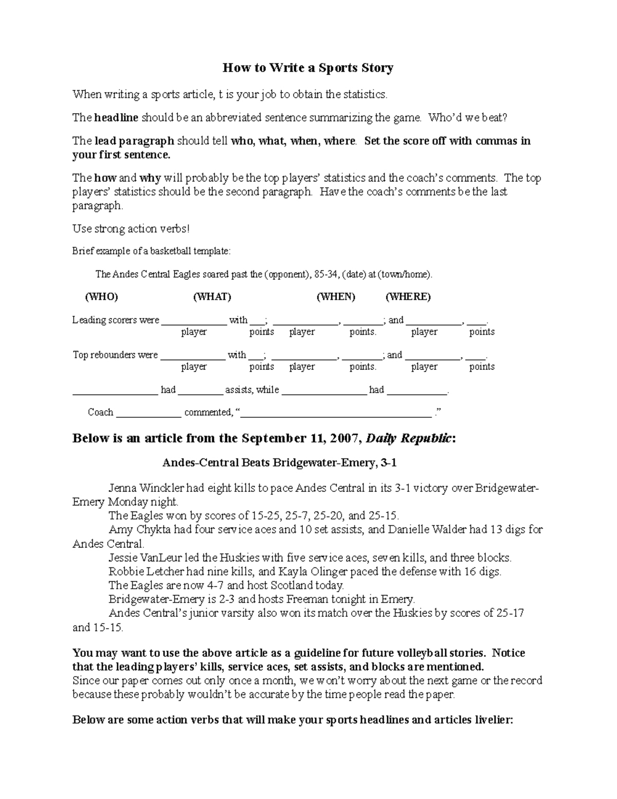Writing a Sports Story: Guidelines and Tips (ENG 101) - Studocu