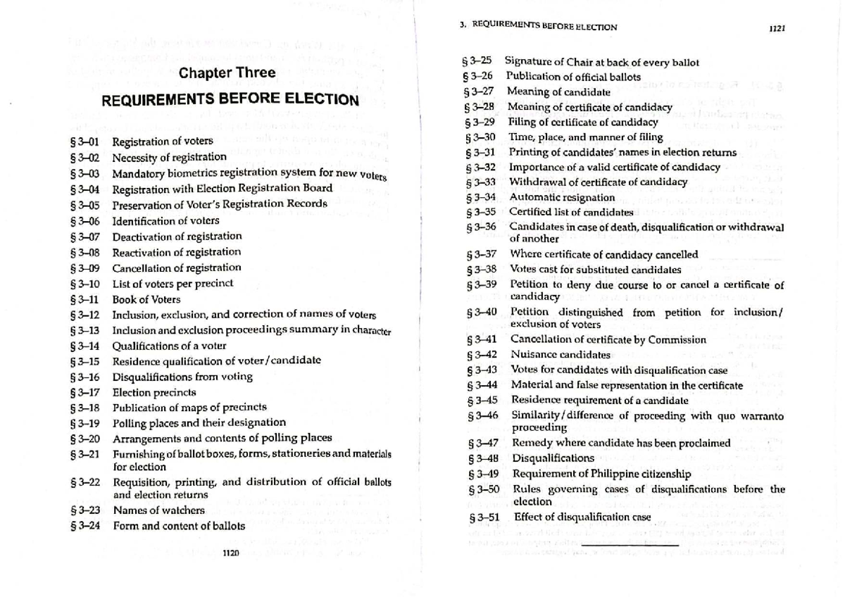 ELECTION LAW 3. REQUIREMENTS BEFORE ELECTION 1121: Registration, Voter ...