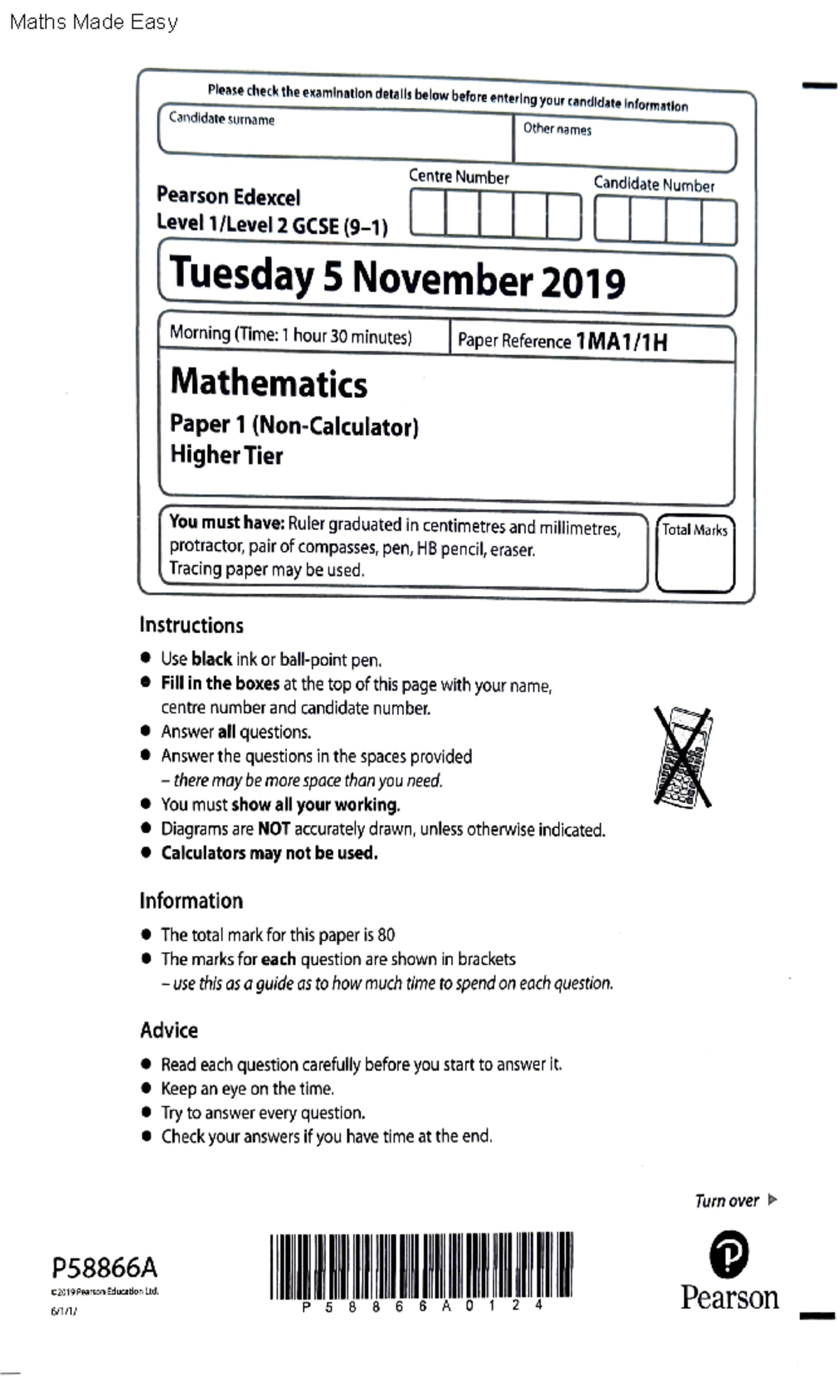 Edexcel GCSE Maths Higher Paper 1 2019 Examination Details - Studocu