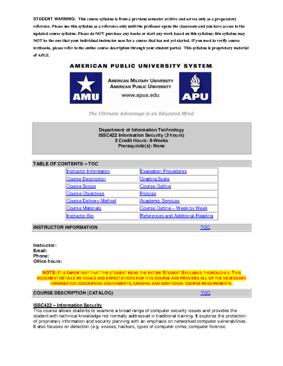 ISSC422 Information Security Course Syllabus Overview and Guidelines ...