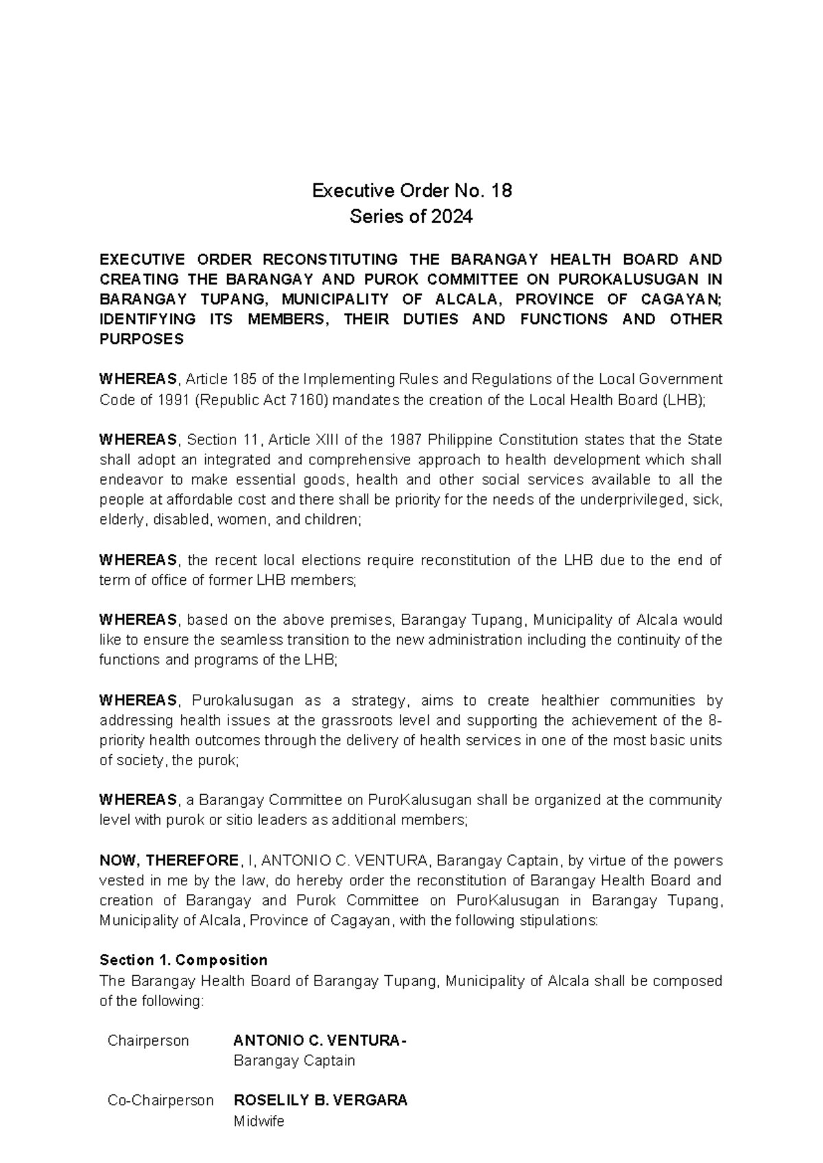 Barangay Health Board Executive Order No. 18 - Purokalusugan Report - Studocu