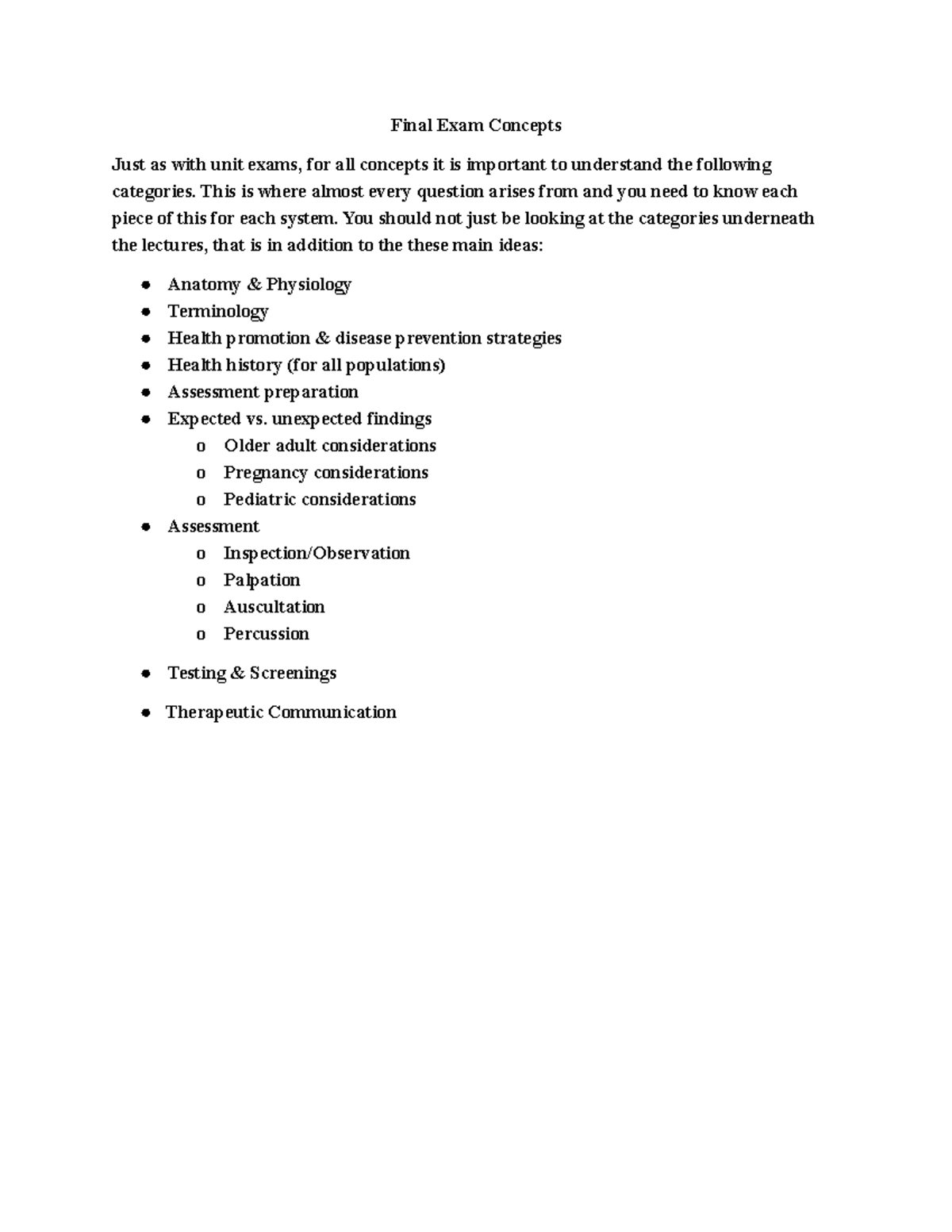 Final Exam Health Assessment - Final Exam Concepts Just as with unit ...