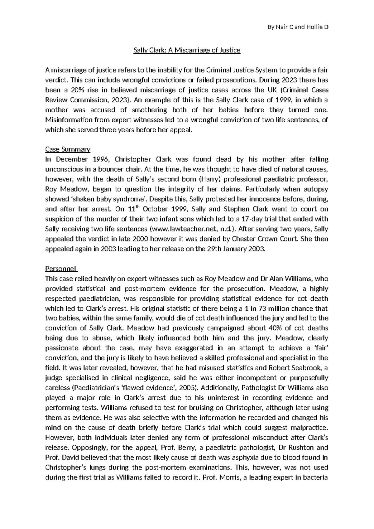 Sally Clark Case Study: A Miscarriage of Justice Analysis - Studocu