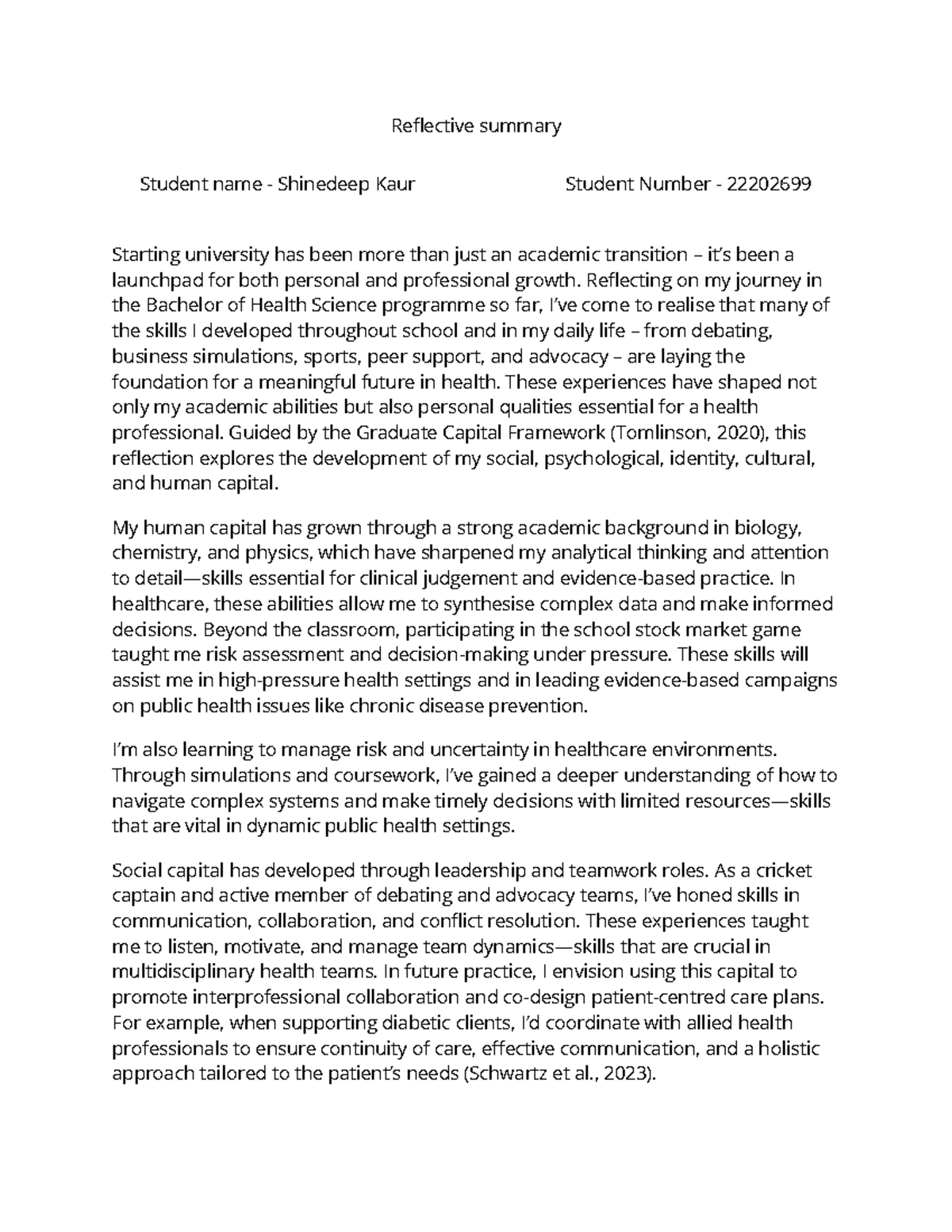 Reflective summary-2 - self reflection - Reflective summary Student ...