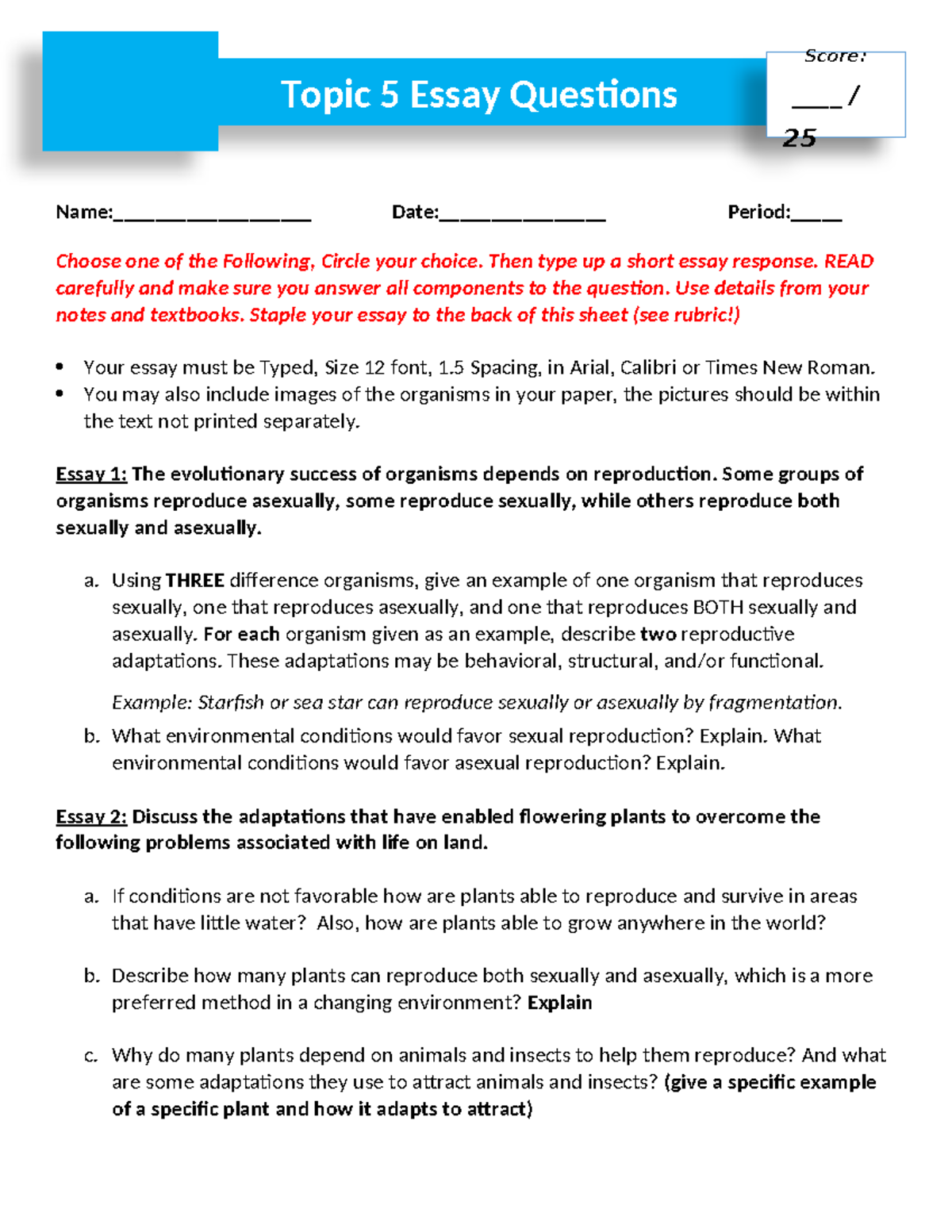 Revised Essay Questions on Plant & Animal Reproduction for Bio 101 ...