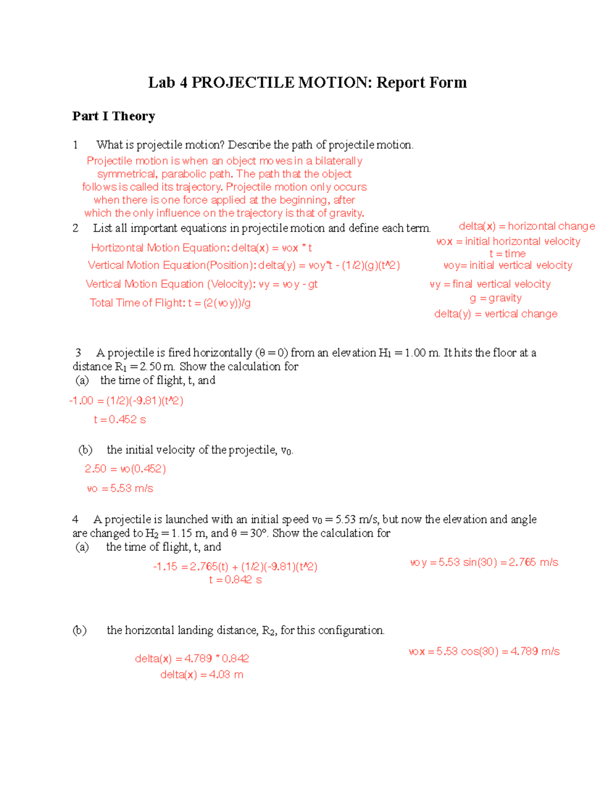 Lab 4 Projectile Motion - Lab 4 PROJECTILE MOTION: Report Form Part I ...