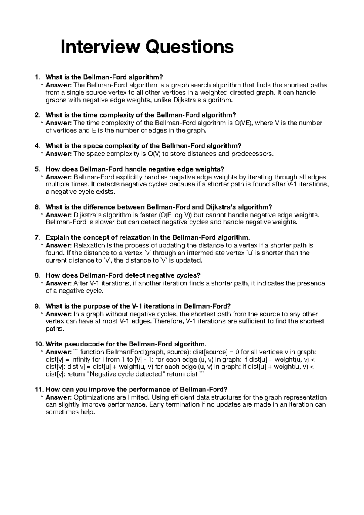 Bellman-Ford Algorithm Interview Questions and Answers - Studocu