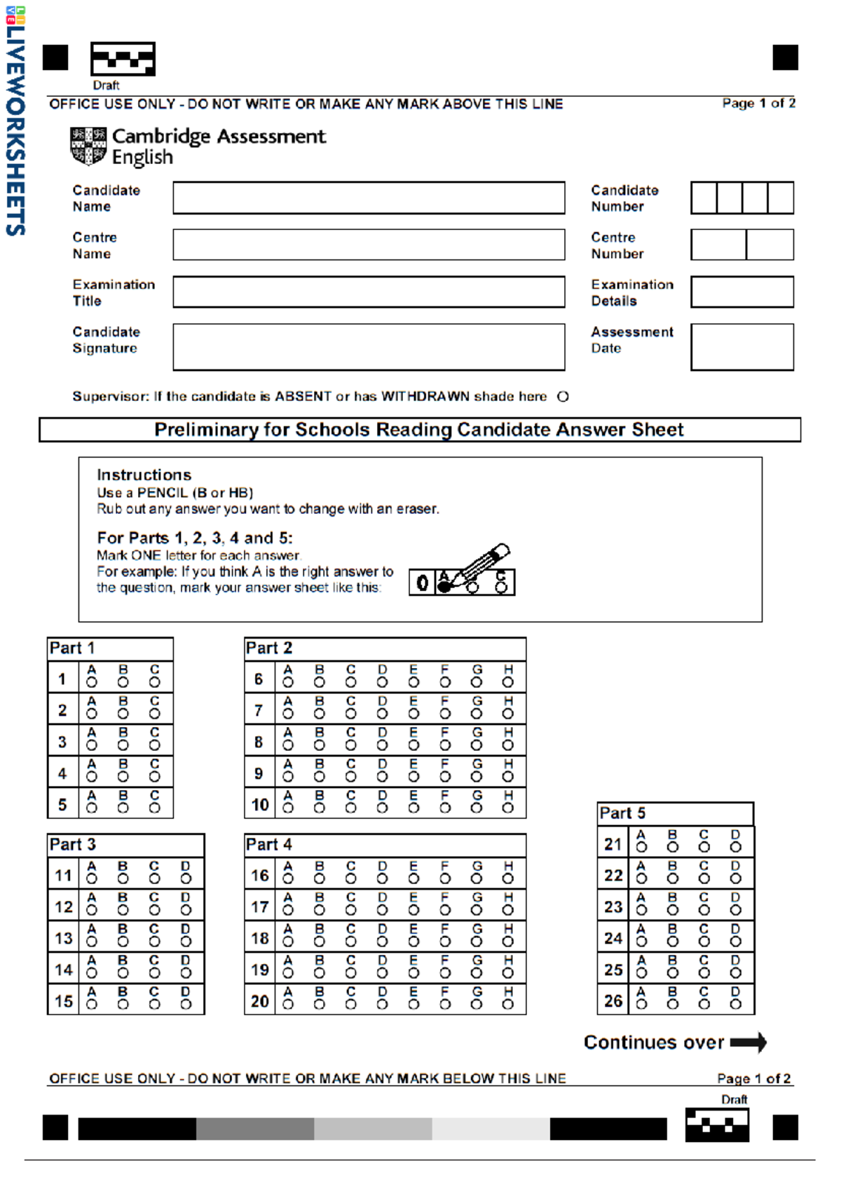 Pet answer sheet - English exam sample for per students - English ...