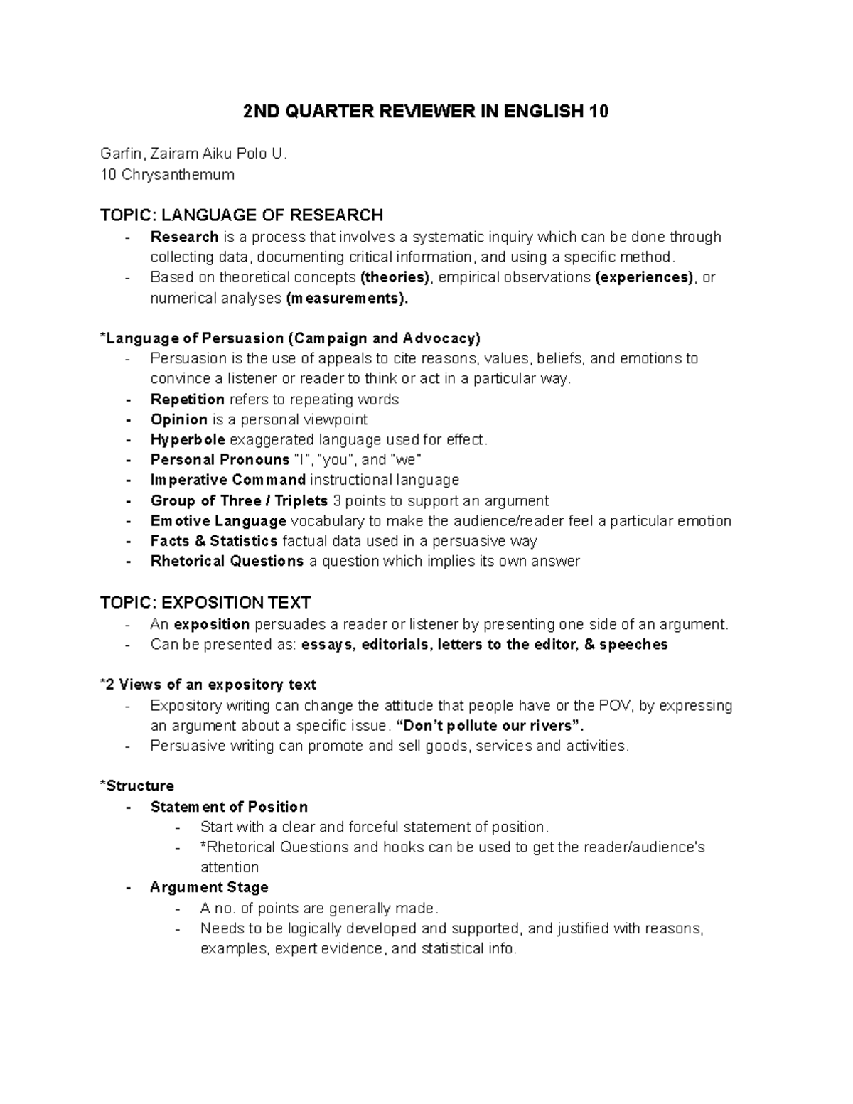 2ND Quarter English 10 Reviewer: Language, Exposition & Public Speaking ...