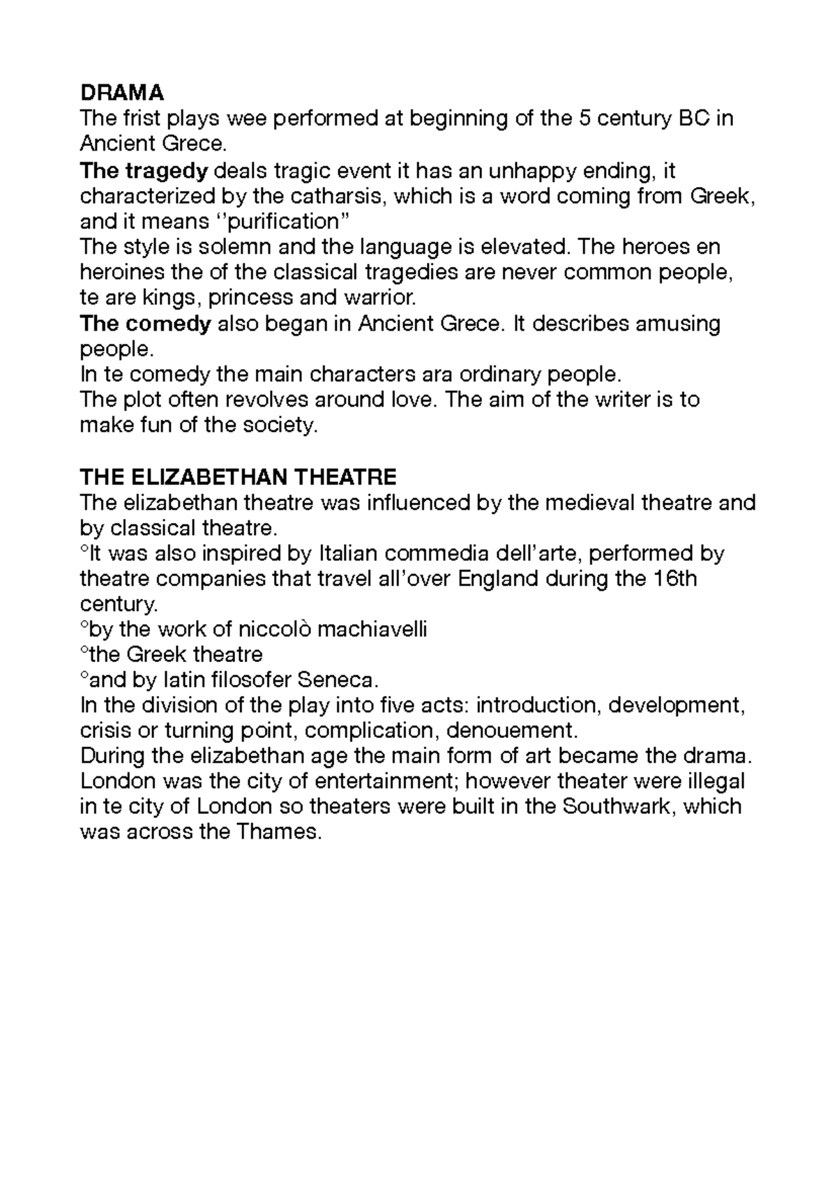 DRAMA: An Overview of Ancient Greek and Elizabethan Theatre - Studocu