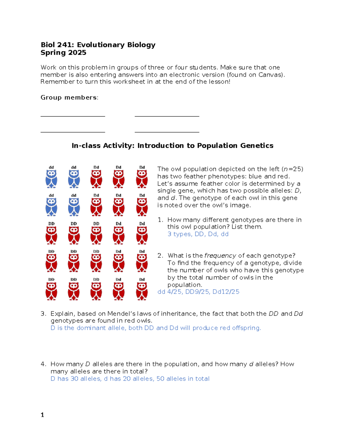 Biol 241: Spring 2025 Population Genetics Class Activity - Studocu