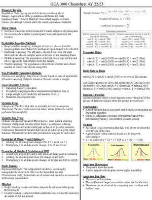 GEA1000 Cheat Sheet - Summary Quantitative reasoning with data - Chapter 1 – Getting Data 1 .2 ...