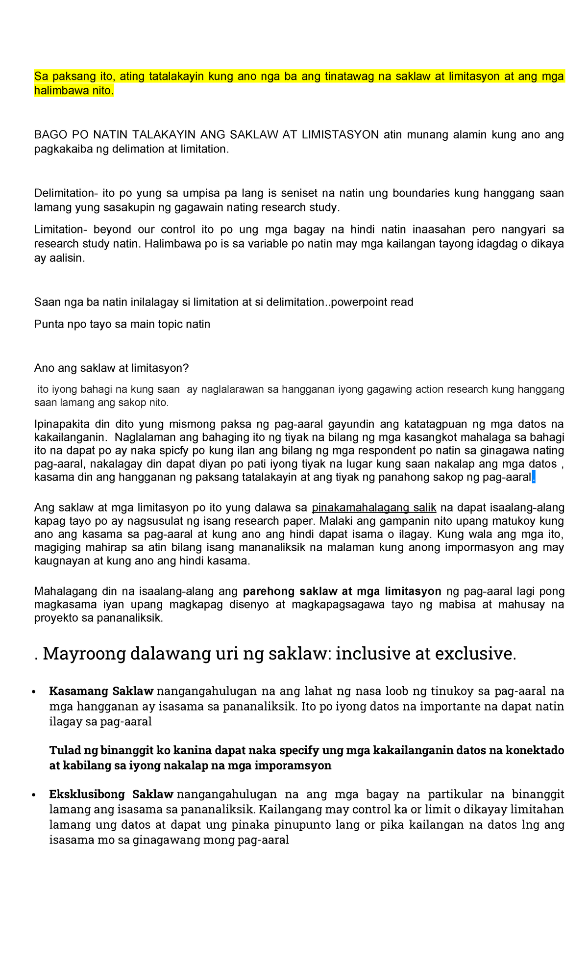 Saklaw at Limitasyon: Mahalaga sa Mga Gawain sa Pananaliksik - Studocu