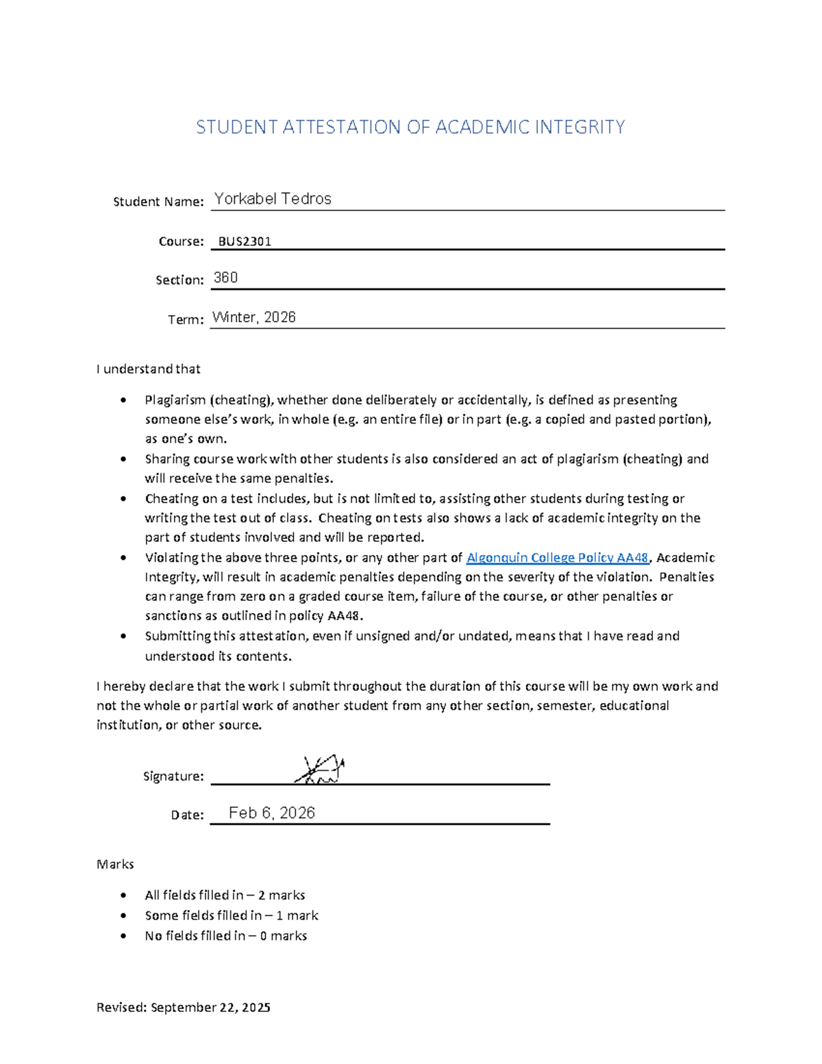 BUS2301 Academic Integrity Attestation - Winter 2026 - Studocu