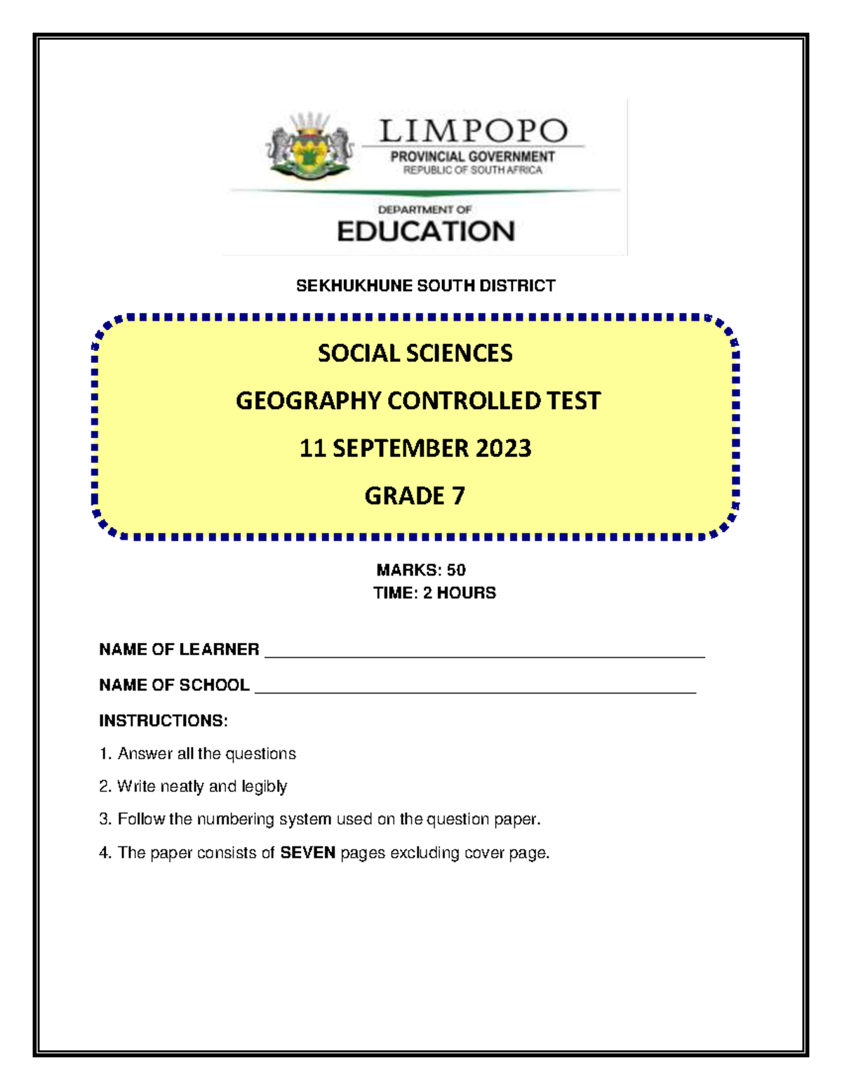 Grade 7 Geography Controlled Test - Term 3, Sept 11, 2023 - Studocu