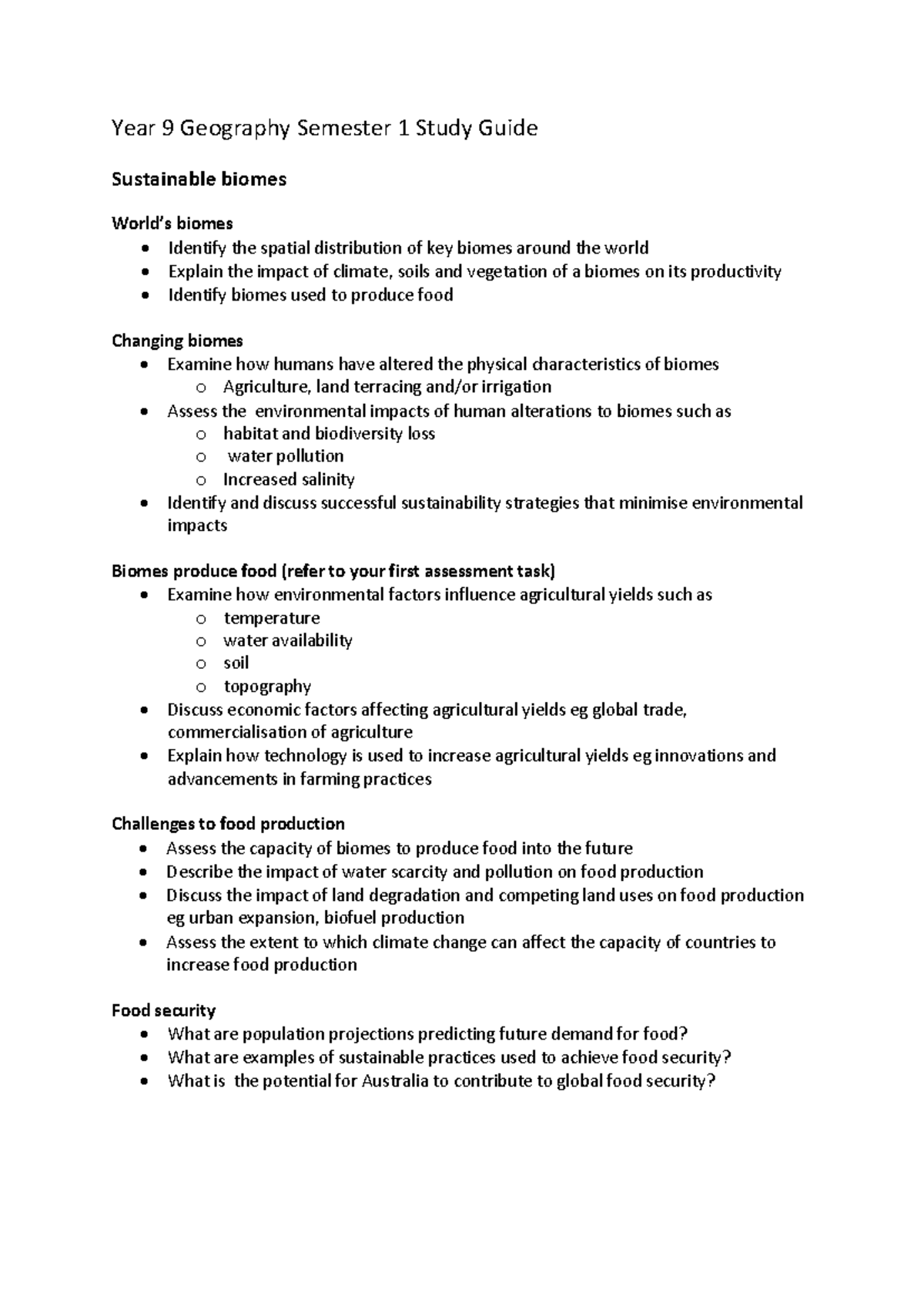 Year 9 Geography Sem1 Study Guide: Sustainable Biomes and Food Security ...