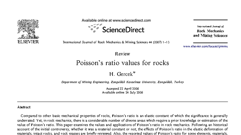 Gercek 2007: Review of Poisson's Ratio in Rock Mechanics - Studocu