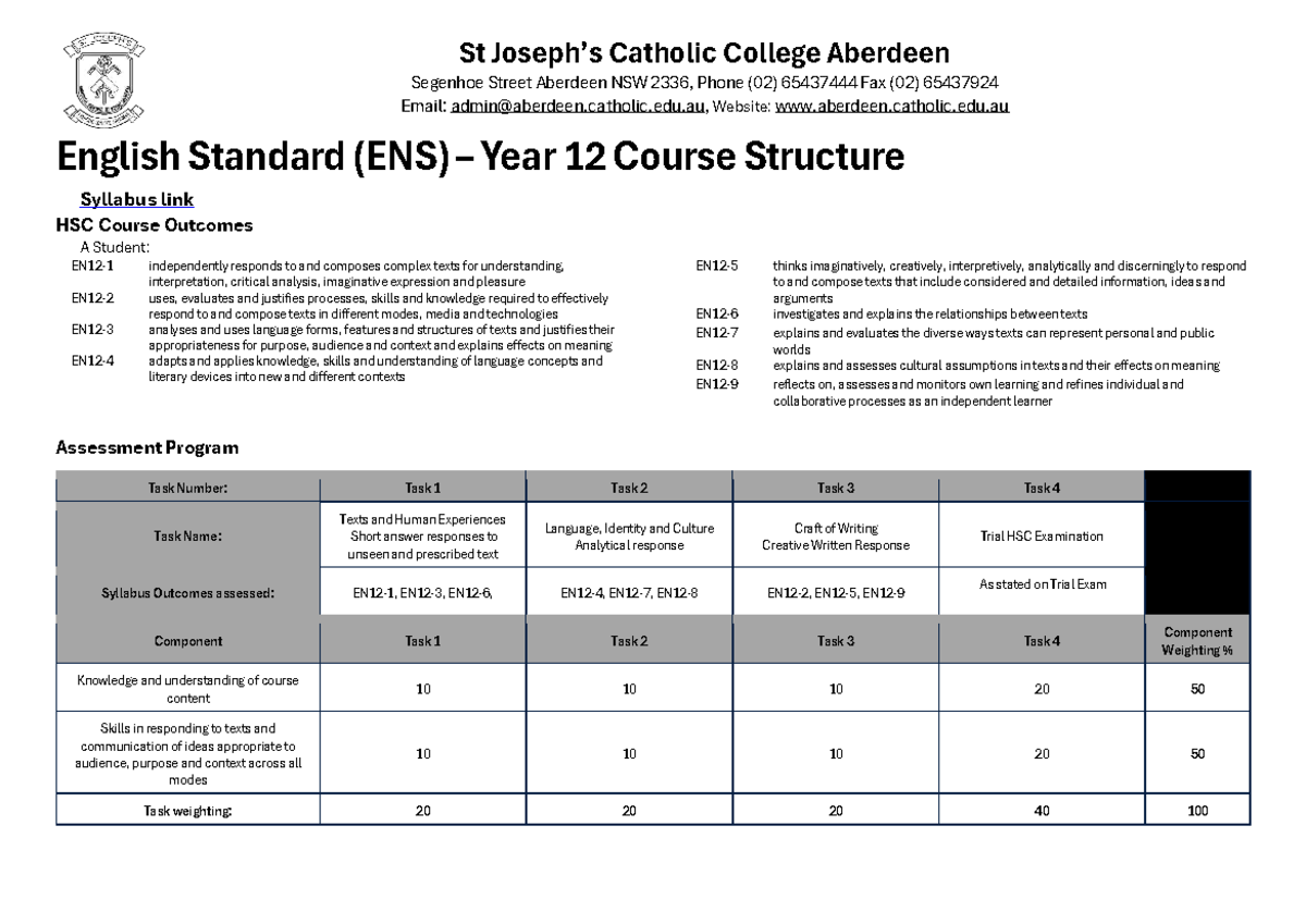 English Standard (ENS) Year 12 Course Structure & Assessment Overview ...