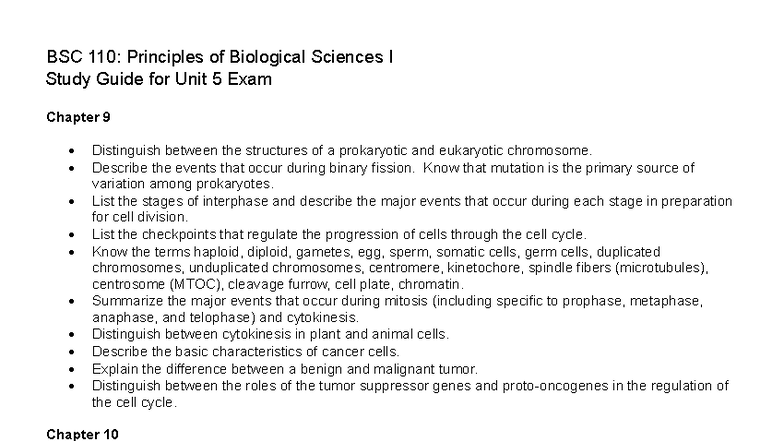 BSC 110: Principles of Biological Sciences I - Unit 5 Exam Study Guide ...