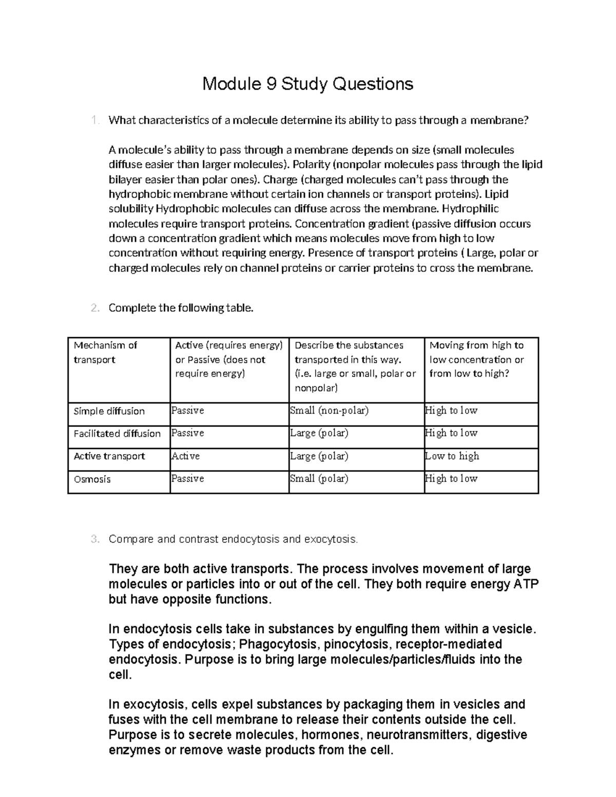 Module 9 study questions on membrane transport mechanisms - Studocu