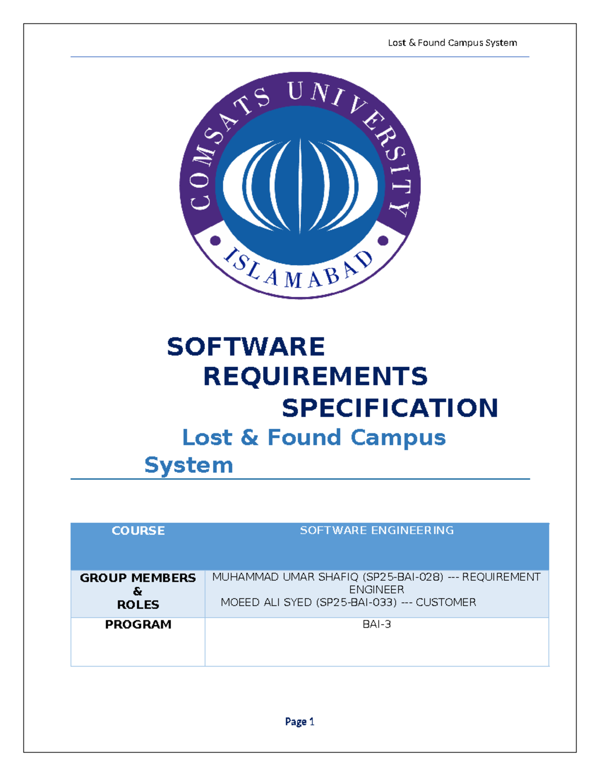 Software Requirements Specification for Lost Found Campus System (SE ...