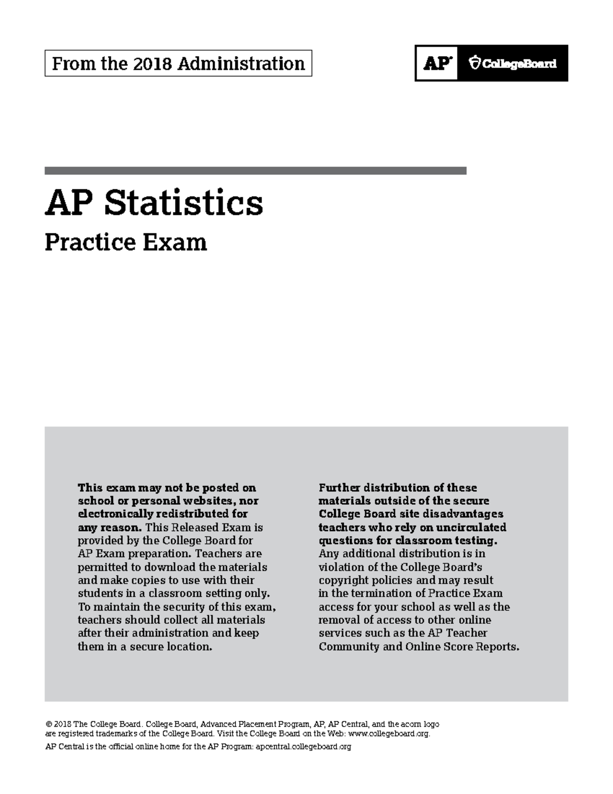 AP Statistics 2018 Final Exam Instructions and Practice Exam - Studocu