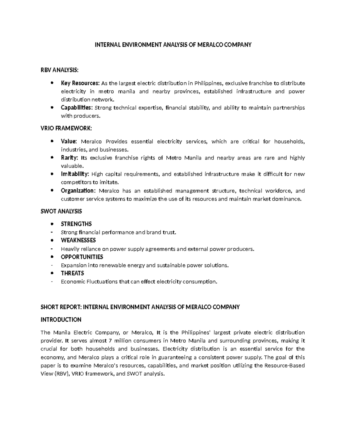 Internal Environment Analysis of Meralco Company: RBV & SWOT Insights ...