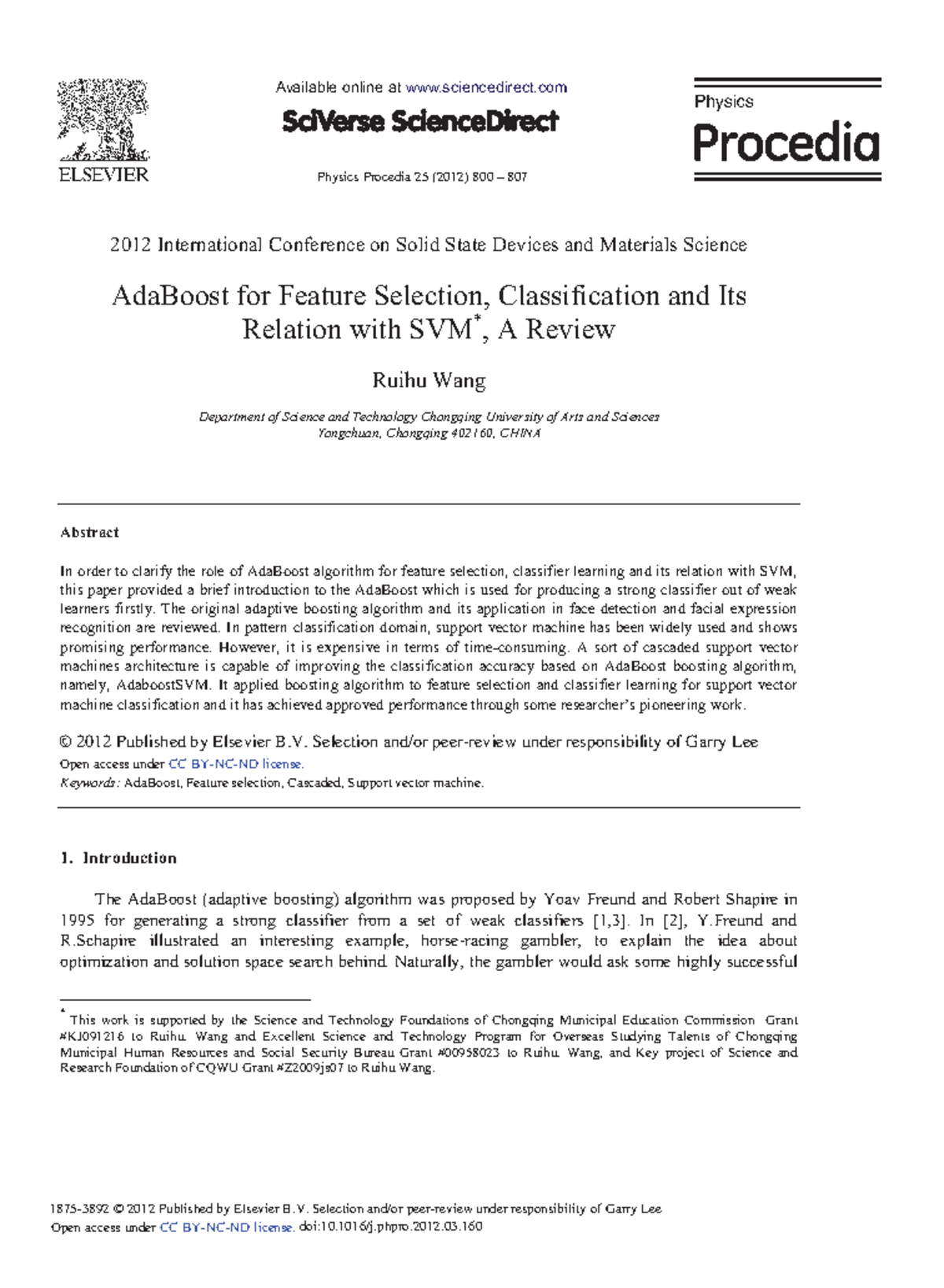 AdaBoost Algorithm for Feature Selection in SVM Applications - Studocu