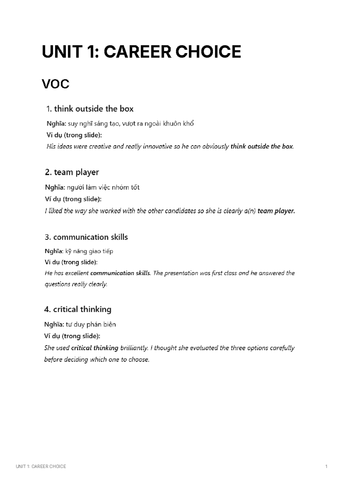 UNIT 1 - BP unit 1 vocab - Eng12 Vocab - UNIT 1: CAREER CHOICE VOC ...
