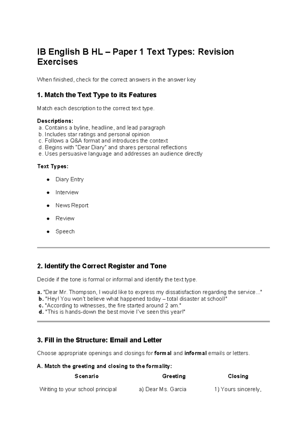 IB English B HL Paper 1 Text Types: Revision Exercises & Answer Key ...