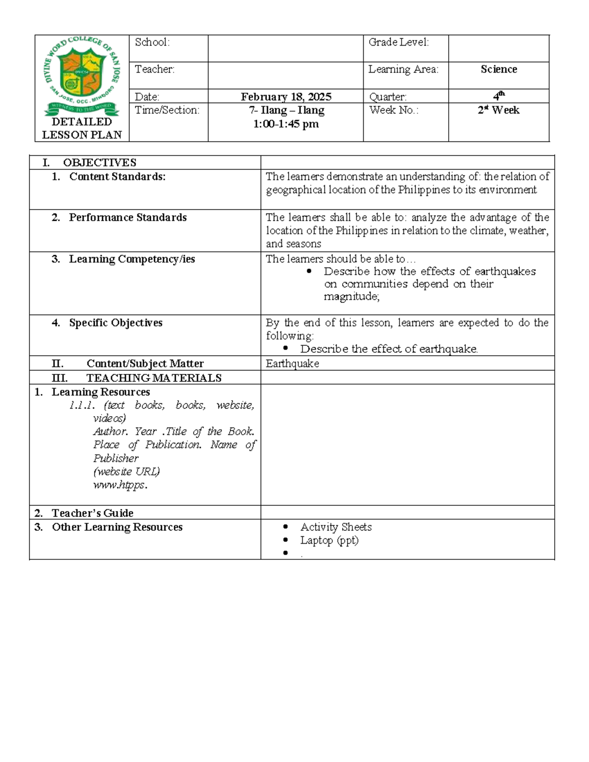 Detailed Lesson Plan: Science on Earthquake Effects (Grade 4) - Studocu