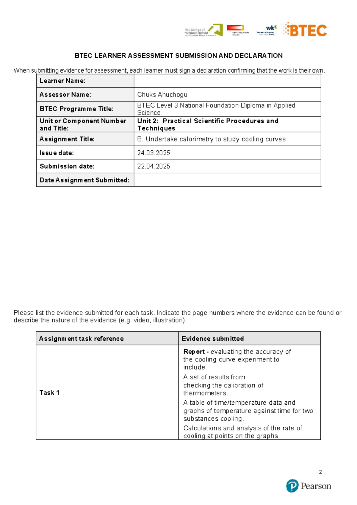 BTEC Level 3 Applied Science Unit 2: Calorimetry Assignment Brief - Studocu