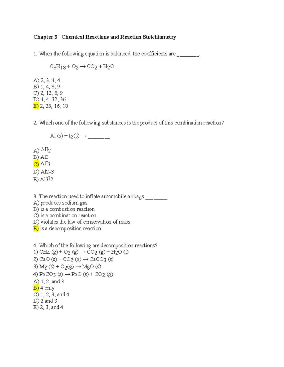 Chapter 3: Chemical Reactions & Stoichiometry - Exam Questions (CHEM101 ...