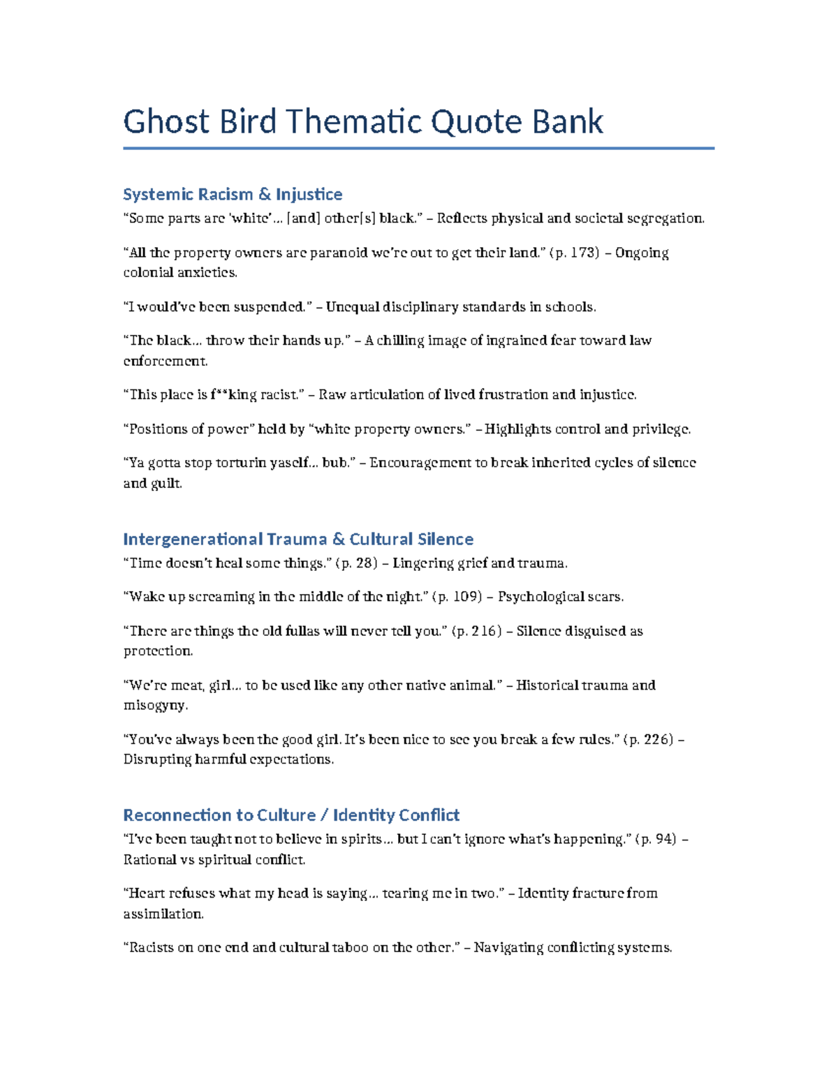 Ghost Bird Thematic Quote Bank: Exploring Systemic Racism & Injustice ...