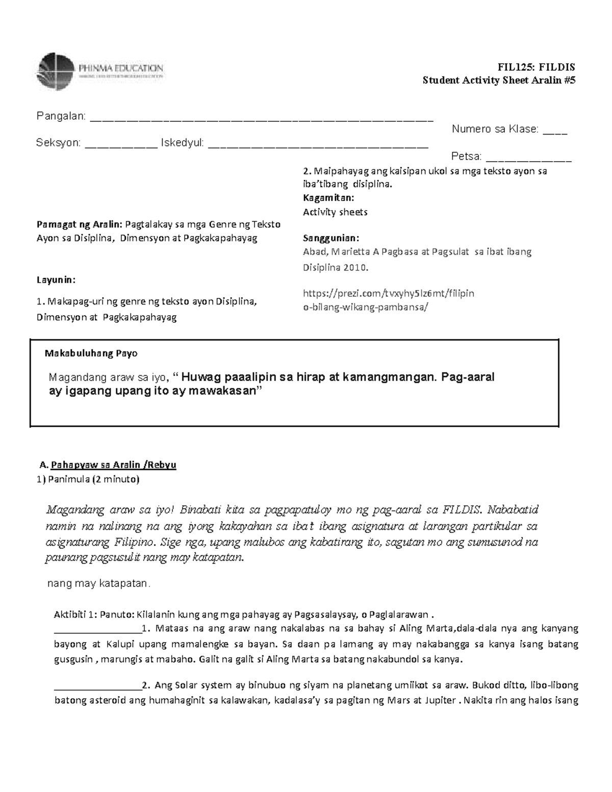 FIL125: FILDIS Student Activity Sheet sa Pagtalakay ng Genre - Studocu