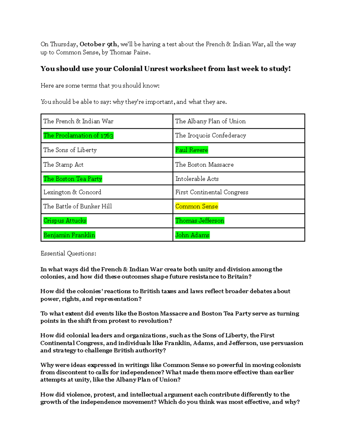 Colonial Unrest: Road to Revolution Study Guide (Level 1 Test) - Studocu