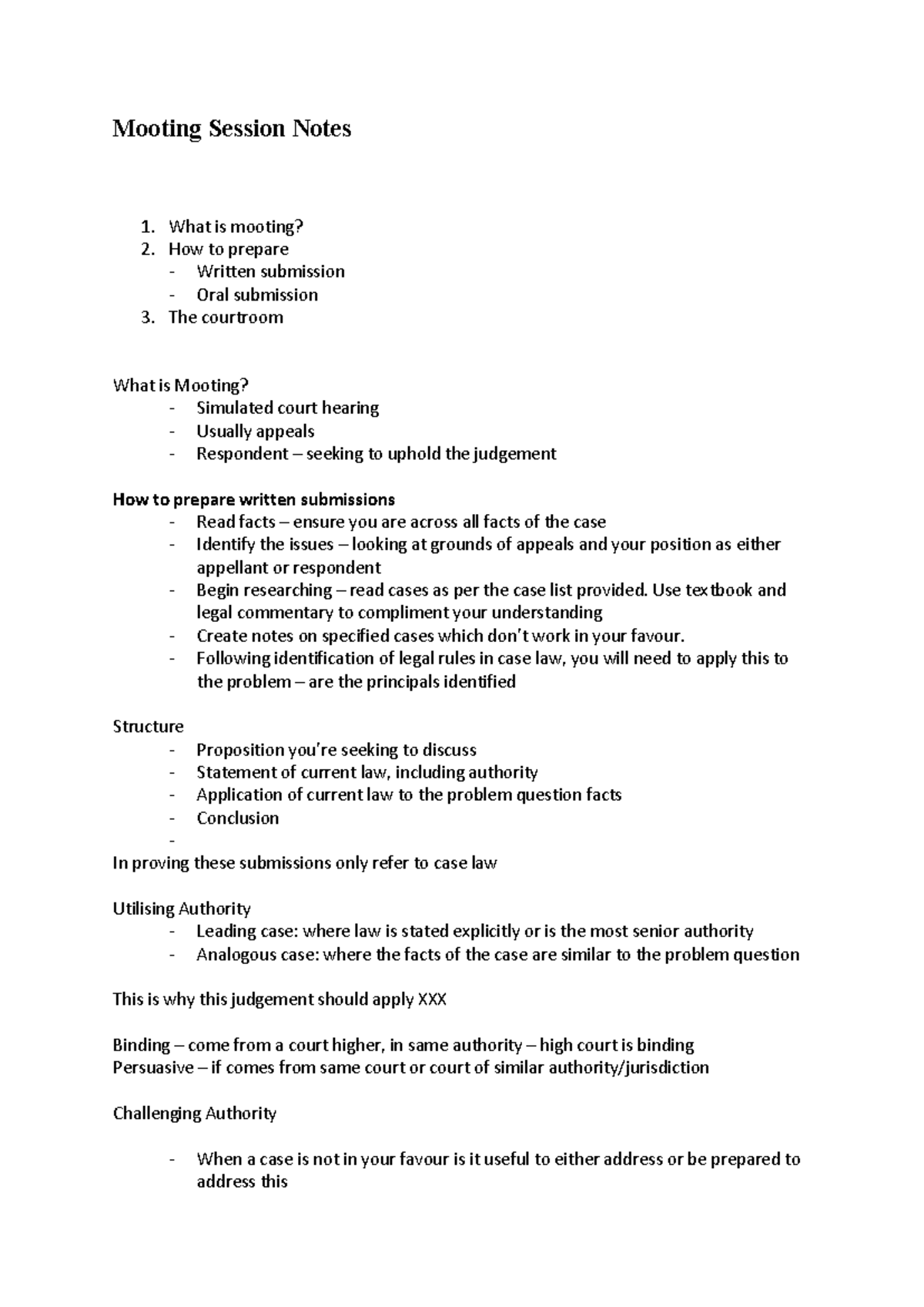Mooting Session Notes - Tips for Written & Oral Submissions - Studocu