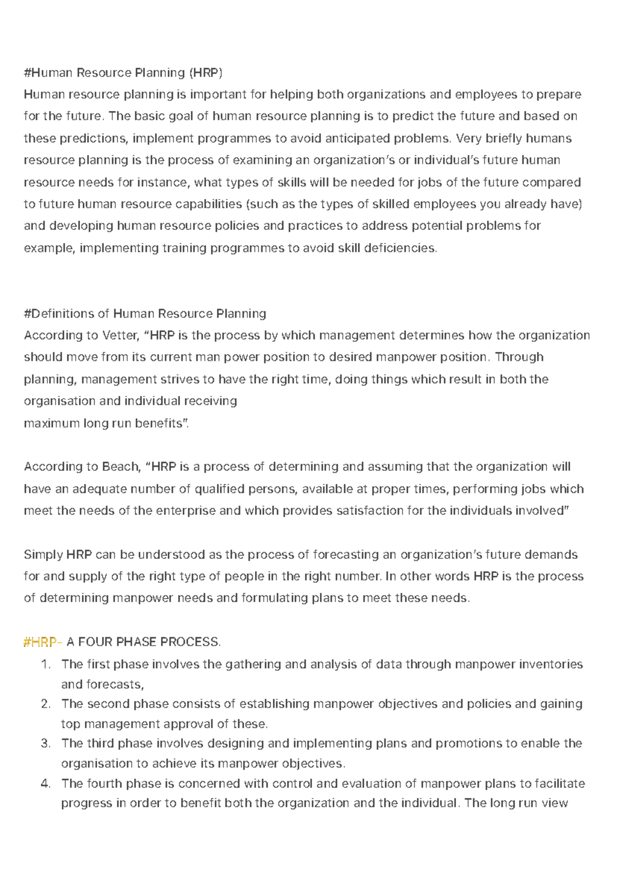 HRP Notes: Understanding Human Resource Planning Processes - Studocu