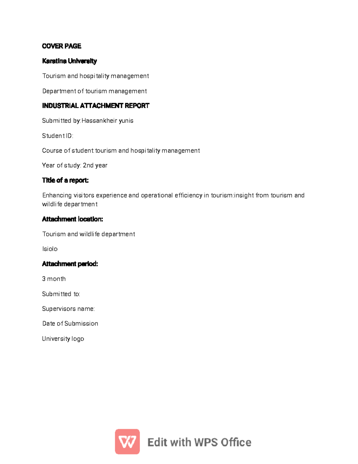 Cover PAGE-WPS Office - COVER PAGE Karatina University Tourism and ...
