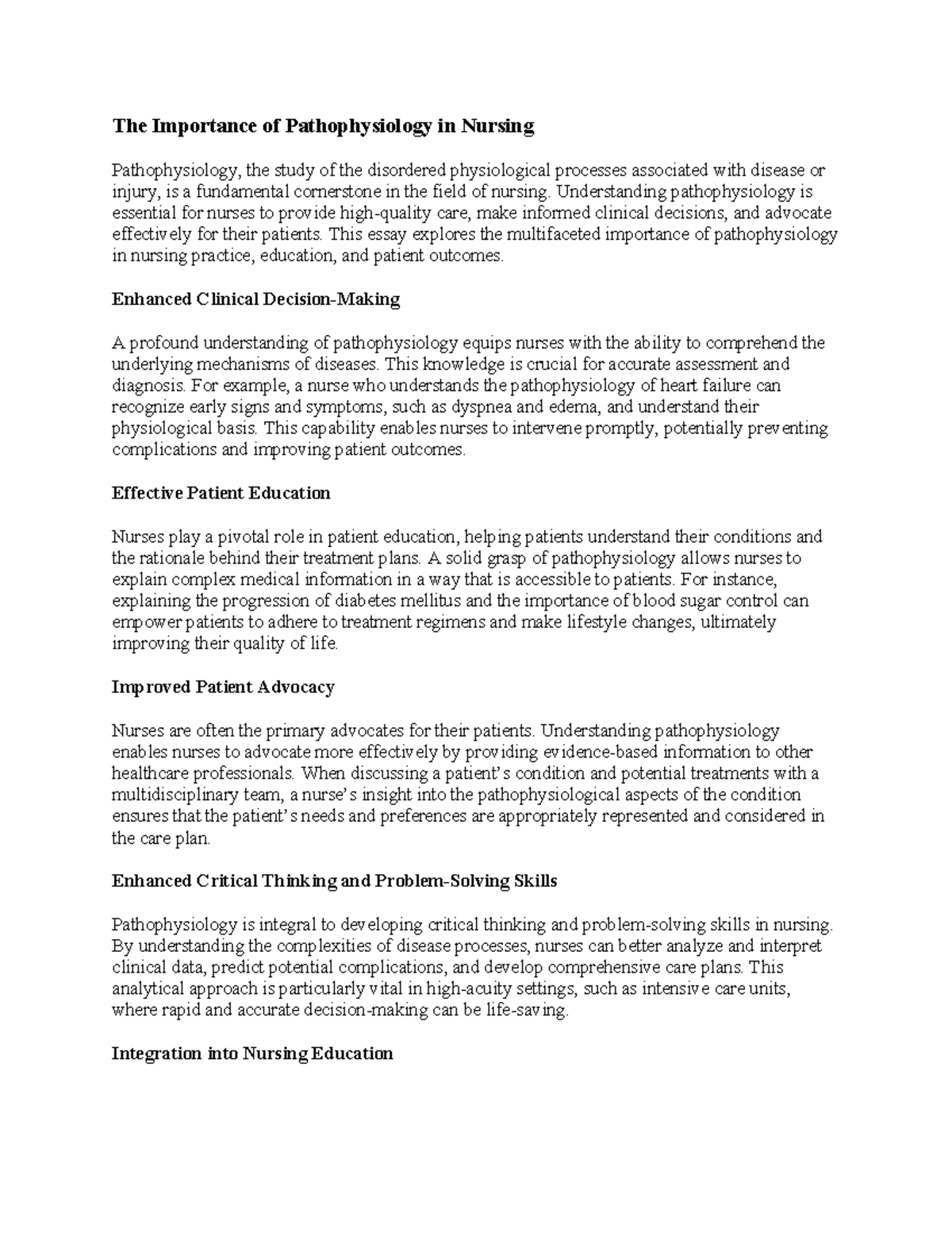 Pathophysiology's Role in Nursing: Enhancing Care & Education - Studocu